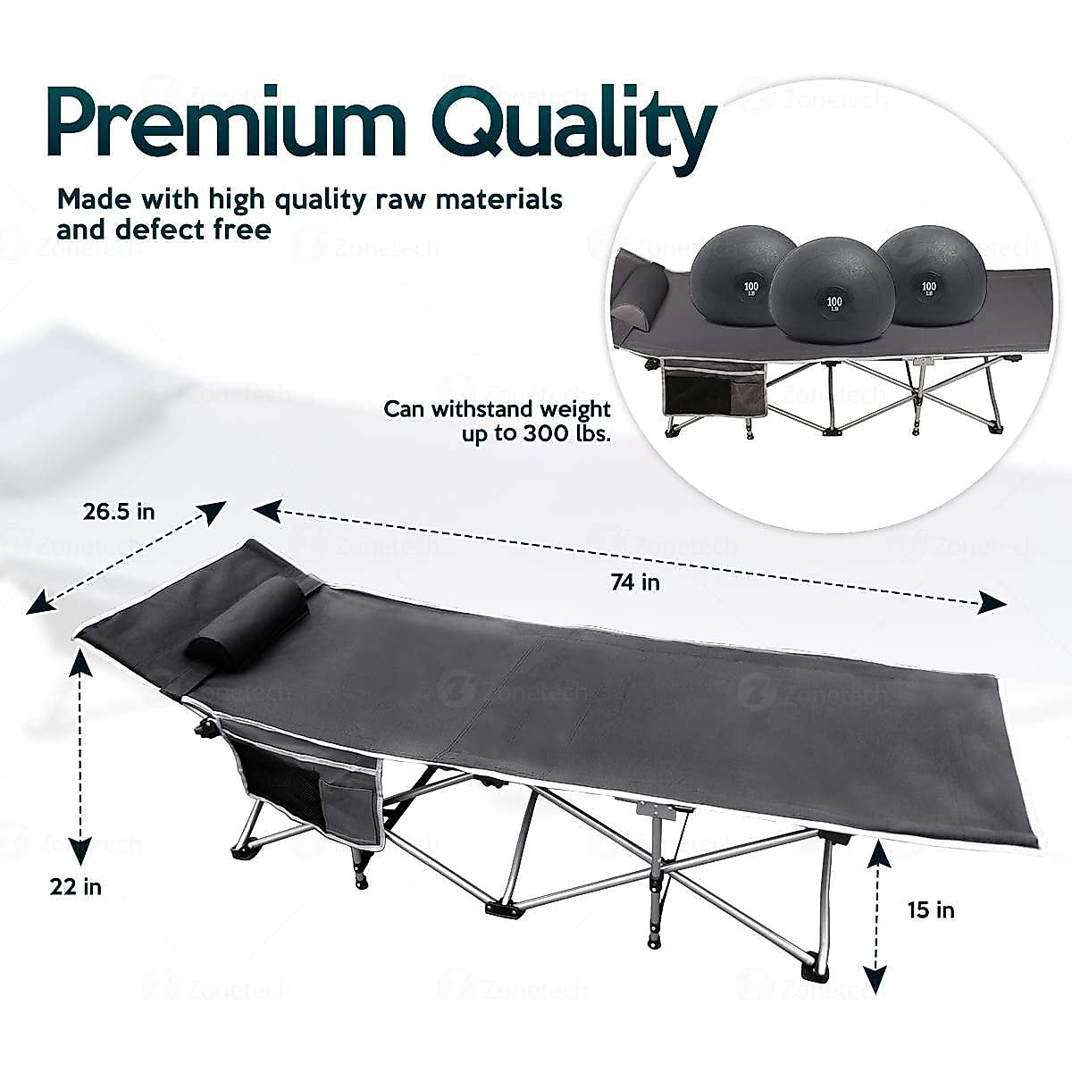 Zone Tech Folding Outdoor Travel Cot - 2 Pack Grey Premium Quality Lightweight Portable Heavy Duty Adult and Kids Travel Cot with Large Pocket