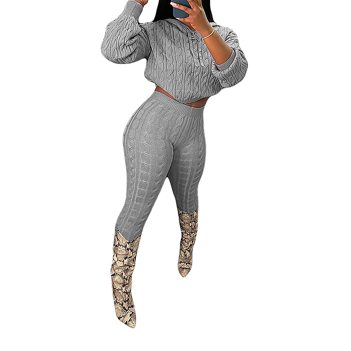 NRTHYE Hooded Sweater Two Piece Set Autumn Winter Women Solid Long Sleeve Crop Top And Pants Rib Knitted Suits Tracksuit