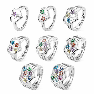Custom Heart Mother Rings 925 Sterling Silver Personalized 1-8 Names and Birthstones Rings For Women Engraved Garden Flower Ring Family Love Jewelry Birthday Gifts For Mom Grandmother Mama Wife