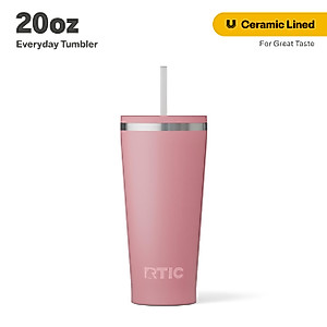 RTIC 20oz Everyday Tumbler Insulated Stainless Steel Portable Travel Coffee Cup with Straw, Spill-Resistant Lid, BPA-Free, Hot and Cold Drink, Ceramic Lining, Dusty Rose