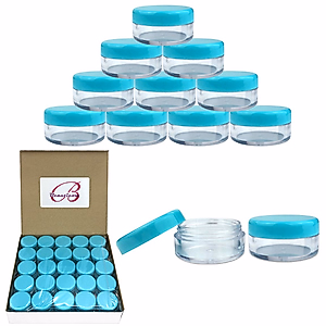 (Quantity: 50 Pieces) Beauticom 5G/5ML Round Clear Jars with Teal Sky Blue Lids for Scrubs, Oils, Toner, Salves, Creams, Lotions, Makeup Samples, Lip Balms - BPA Free
