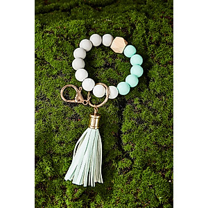 FindFun Women Silicone Beads Key Ring Chain Wristlet Keychain Bracelet Leather Tassel Bangle（Blue）