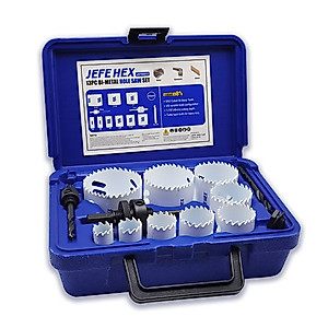 JEFE HEX 13-Piece Hole Saw Set, Bi-Metal Hole Saw Kit, M42 Bi-metal Hole Cutter Set with 9-Pc Hole Saw-3/4",7/8",1-1/8",1-3/8",1-1/2"1-3/4",2",2-1/4" and 2-1/2" for Metal, Wood, Plywood, Drywall, PVC