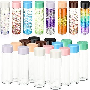 Hoolerry 16 Pcs Empty Plastic Sensory Bottles with Lids Round Clear Plastic Water Bottles Reusable Sensory Bottles with Lids for Sensory Crafts Classroom Handmade Party Supply (Multi Colors,16.9 oz)