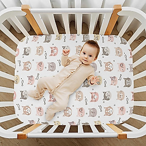Kigai Cartoon Cat Face Crib Sheets for Boys Girls, Soft and Breathable Pack n Play Sheets, Portable Mini Stretchy Cribs Sheets, 52x28 Inch