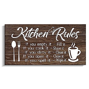 Pinetree Art Kitchen Rules Wall Decor Rustic Farmhouse Funny Kitchen Quote Wood Wall Sign Modern Home Wooden Signs for Kitchen Decoration (6" X 11.5", brown)