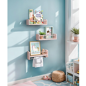 Maxpeuvon Nursery Book Shelves, Set of 3 Kids Bookshelves Natural Wood Wall Mount Organizer with Towel Bar Hanging Nursery Decor for Kids Room, Playroom, Bedroom and Kitchen, Pink