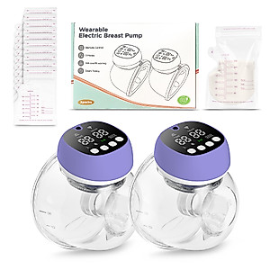 Breast Pump Hands Free - Wearable Electric Breast Pumps for Breastfeeding - Portable Wireless Breast Pump with Remote Type-C-3 Modes and 9 Levels LCD Display with 10 Milk Storage Bag (2 Pack(Purple))
