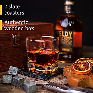 Whiskey Glass Set of 2 - Fathers Day Dad Gifts for Men - Bourbon Whiskey Stones Wood Box Gift Set - Includes Crystal Whisky Glasses, Chilling Rocks, Slate Coasters for Scotch Burbon