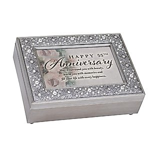 Cottage Garden Happy 55th Anniversary Brushed Pewter Finish Jeweled Music Box Plays Wonderful World