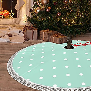 Christmas Tree Skirt 48" - Green Polka Dots Printed Tree Skirt with Tassel Xmas Tree Decoration for Christmas Holiday