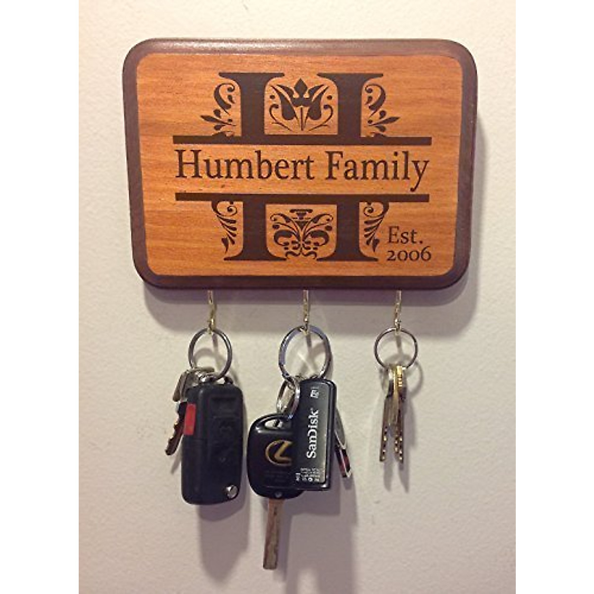 Personalized Key Holder for Wall - Custom Key Hanger with Family or Couple's Name | Vinyl or Laser Engraved Options | Natural Wood Key Rack | Made in USA.