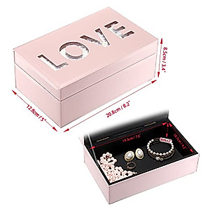 Hipiwe Glass Jewelry Box Trinket Organizer with Hollowed-out LOVE and Sequin Decor,Pink Jewelry Display Box Home Decorative Box Keepsake Gift Box for Women Girls