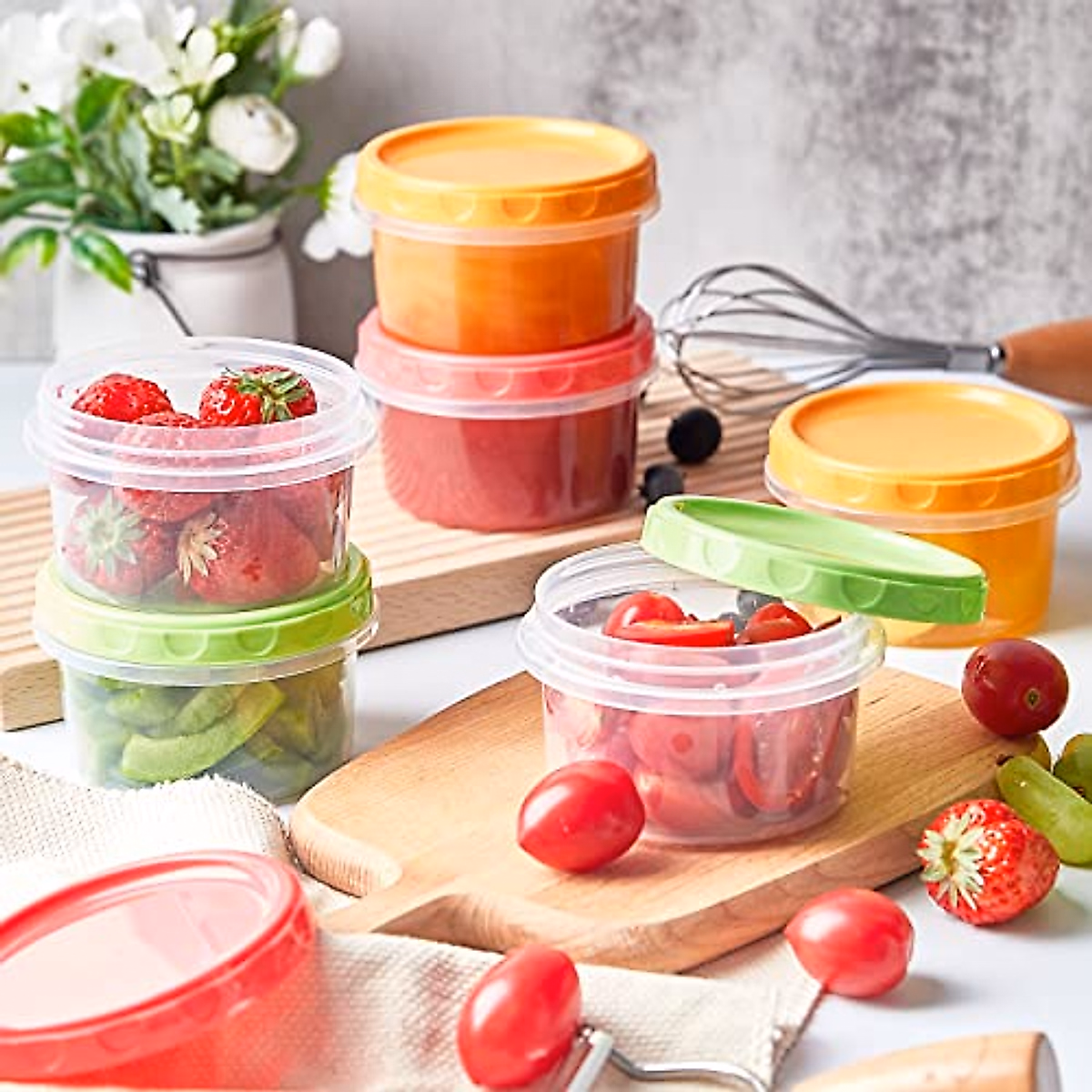 Zezzxu 12 Pack 8 oz Small Plastic Containers with Screw on Lids, Reusable Deli Containers Stackable Food Storage Jars, Microwave & Freezer Safe (Red/Green/Yellow)