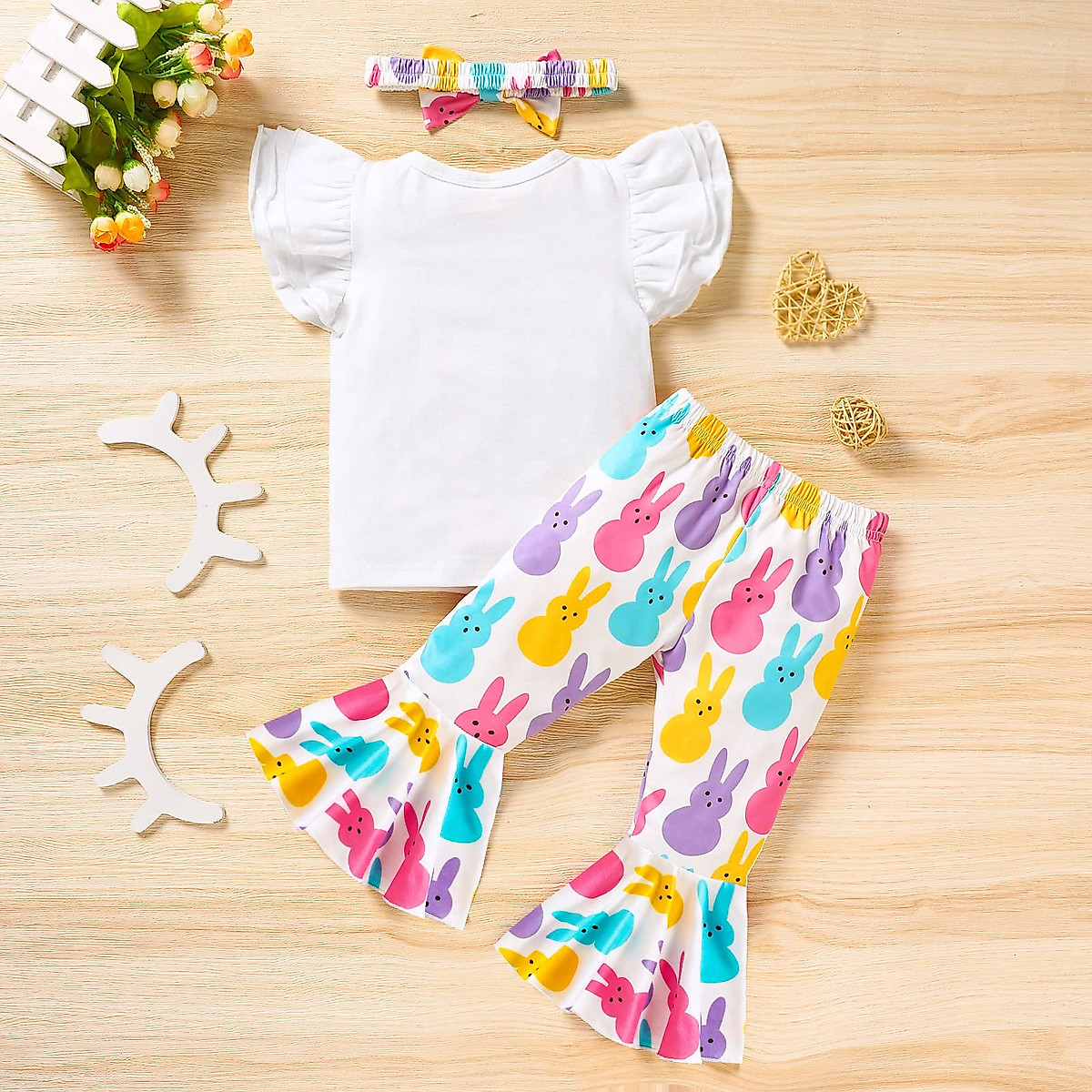 GRNSHTS Toddler Baby Girl Easter Outfits Short Sleeve Bunny Print Shirt Tops+Flared Pants+Headband 3PCS Clothes Set (White, 2-3 T)