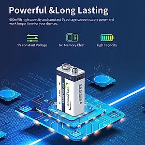 Deleepow Rechargeable 9V Batteries 650mAh USB 9V Lithium Battery 2 Pack with USB-C Cable