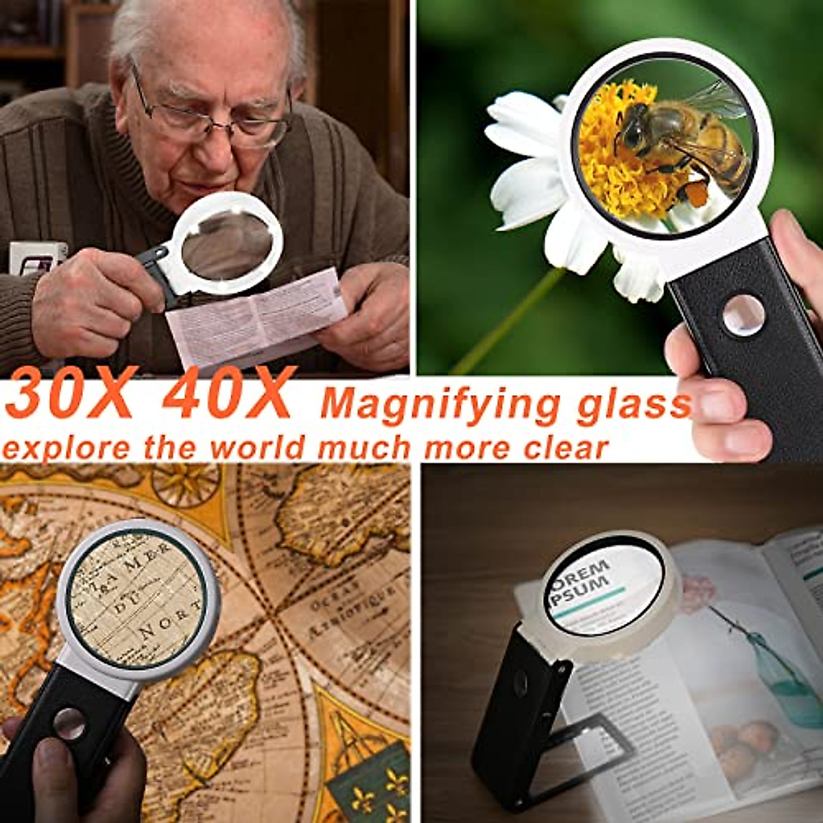 Anourney Magnifying Glass 30X 40X with Light and Stand, Handheld Standing LED Illuminated Magnifier, Folding Reading Magnifying Glass with for Seniors Read, Coins, Stamps, Map, Jewelry, Close Work