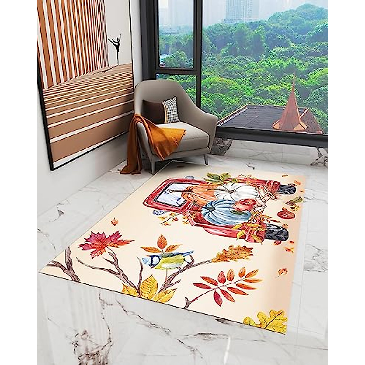 Thanksgiving Fall Large Rectangular Area Rugs 5' x 7' Living Room, Durable Non Slip Rug Carpet Floor Mat for Bedroom Bedside Outdoor Farmhouse Red Truck Pumpkin Leaves Autumn
