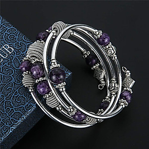 PEARL&CLUB Beaded Chakra Bangle Turquoise Bracelet - Fashion Jewelry Wrap Bracelet with Thick Silver Metal and Mala Beads, Birthday Gifts For Women(Purple)