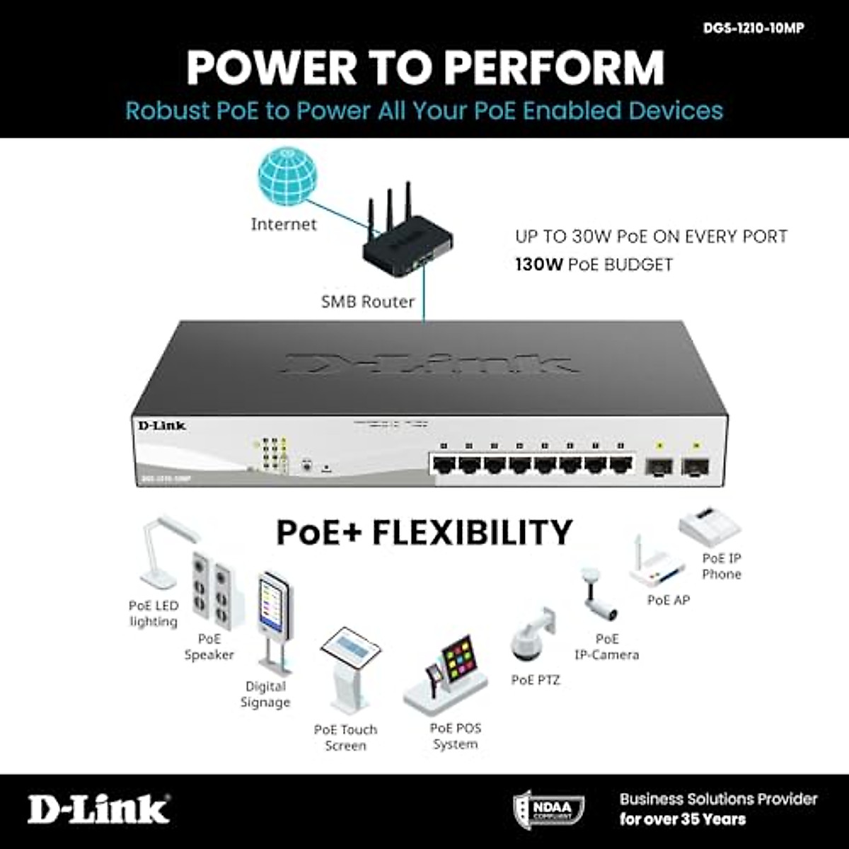 D-Link 10-Port Gigabit Smart Managed PoE+ Switch | 8 PoE+ Ports (130W) + 2 SFP Ports | L2+ | VLANs | Web Managed | Surveillance Mode | Desktop or Rackmount | Fanless | NDAA Compliant (DGS-1210-10MP)
