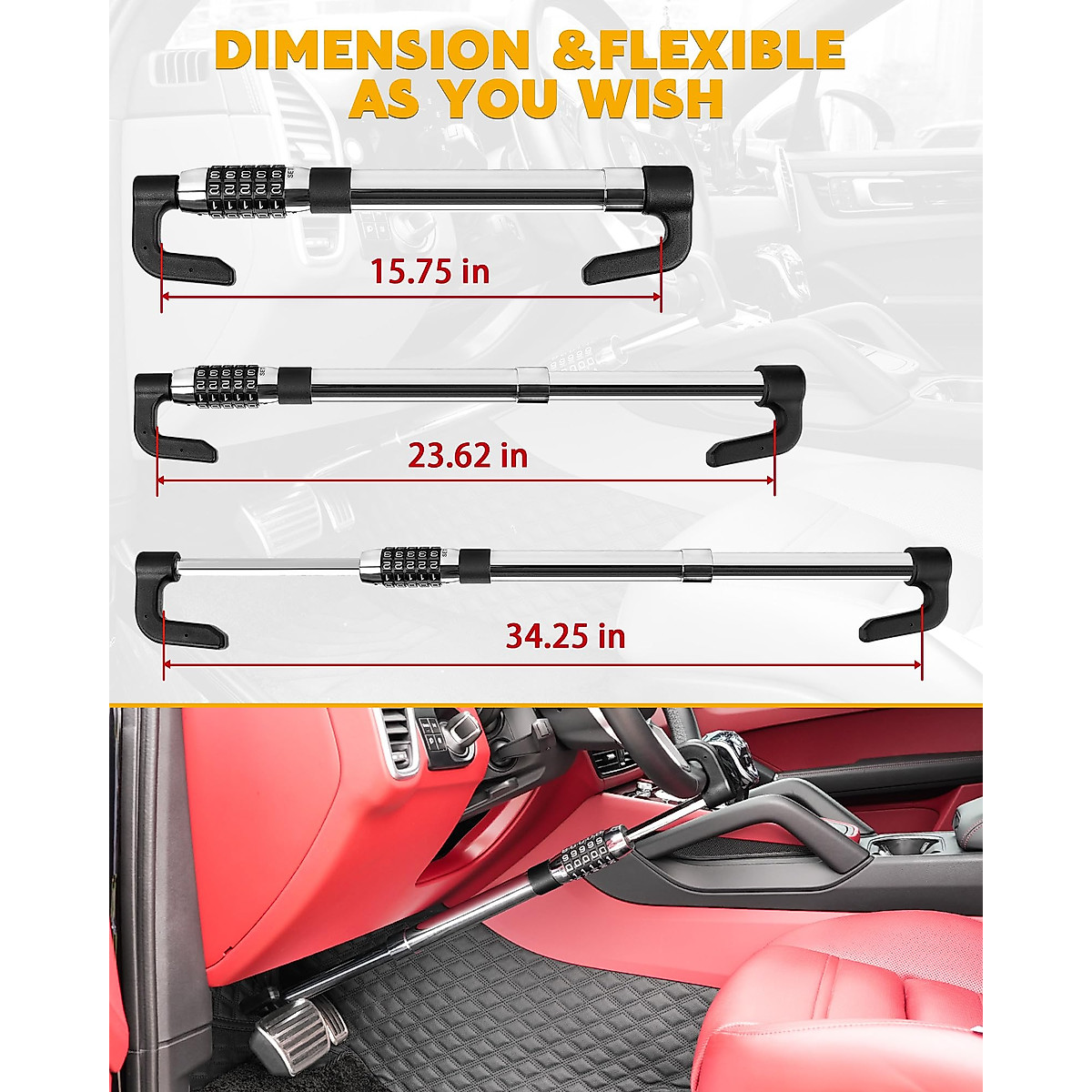 Tevlaphee Steering Wheel Lock Anti Theft Device Retractable Brake Pedal Lock Keyless Password 5 Coded Combination Anti Theft Car Security Device Heavy Duty Universal Fit for Vehicle Car Truck Van SUV