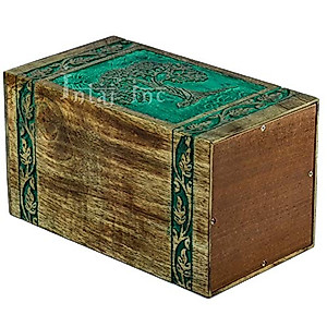 INTAJ Cremation Urn for Human Ashes - Wooden Urn Box for Ashes Handcrafted - Tree of Life Memorial Urn Funeral Cremation Urns (L(11.25x6.25) 250Cu, Teal Green)