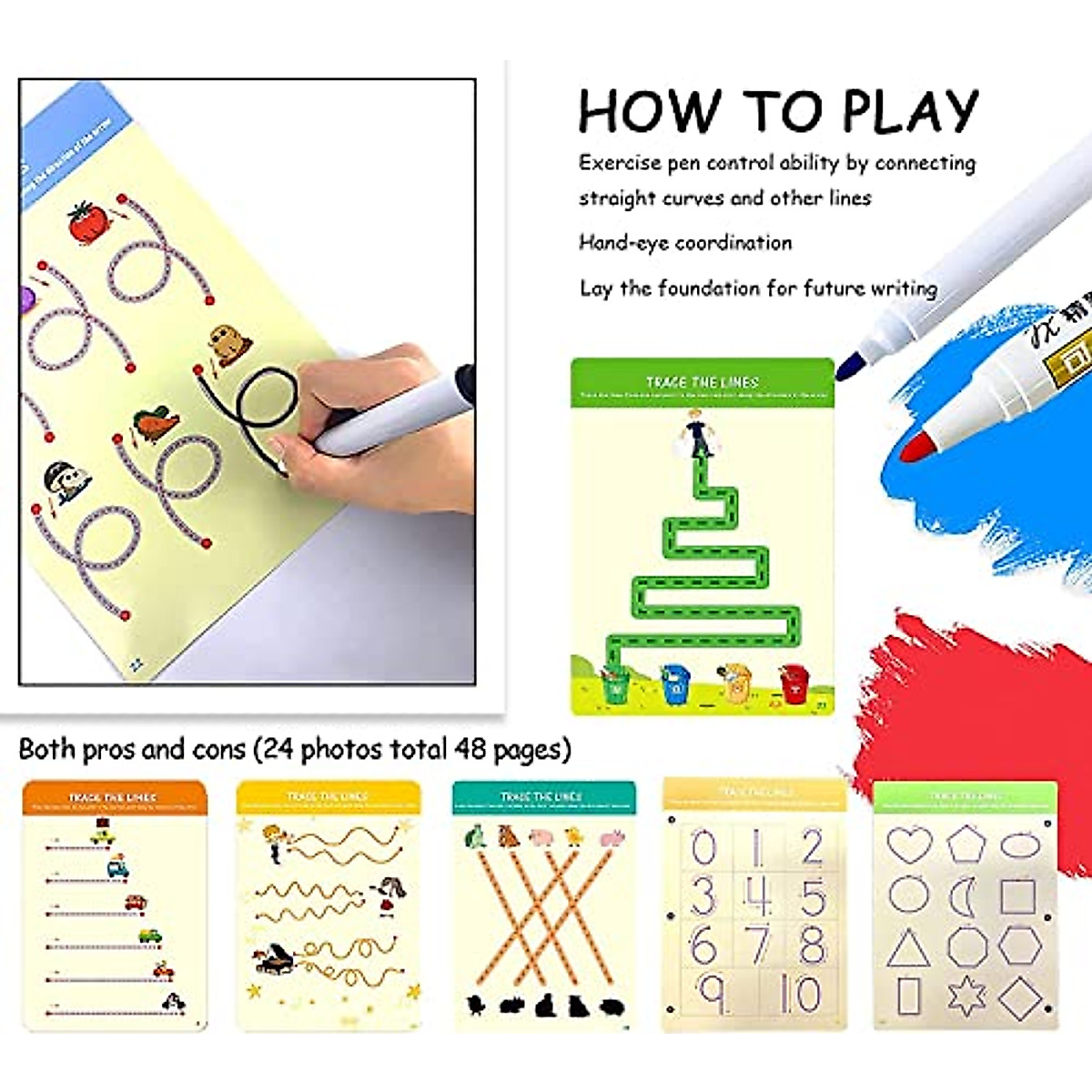 Preschool Learning Activities for 2 Year Olds, Toddler Learning Activities with 4 Dry Erase Markers, Preschool Classroom Must Haves Montessori Educational Toys for 2 3 4 Years Kindergarten Workbooks