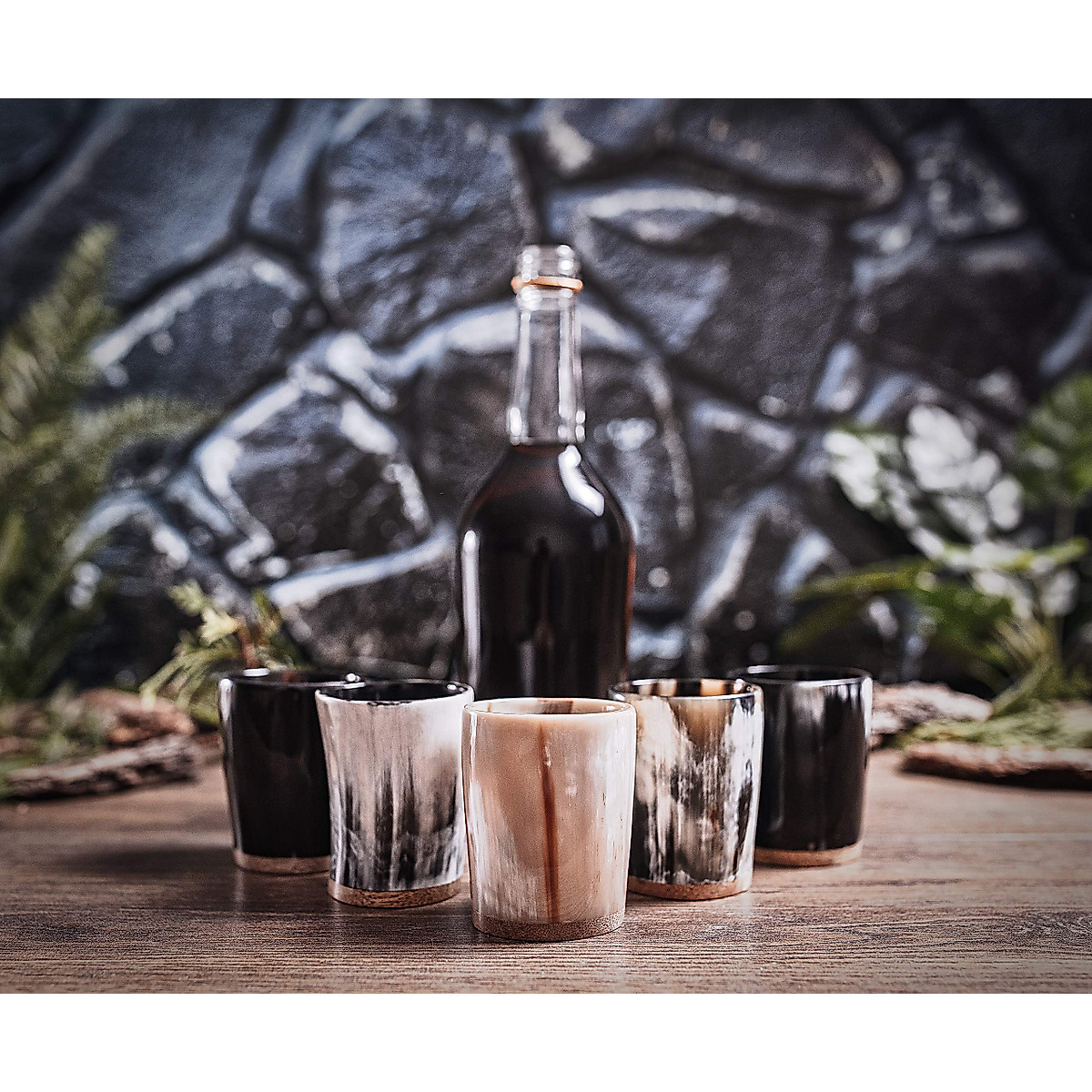 Norse Tradesman Ox-Horn Shot Glass Set (5) - 2 oz Mini-Drinking Horns for Toasting Spirits