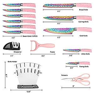 Rainbow Titanium Knife Set, Non Stick Thick and Sharp Stainless Steel Kitchen Knives Set with Acrylic Block, 15 Pcs Cutlery Knives Block Set, Chef Quality for Home & Pro Use, Best Gift, Pink Color