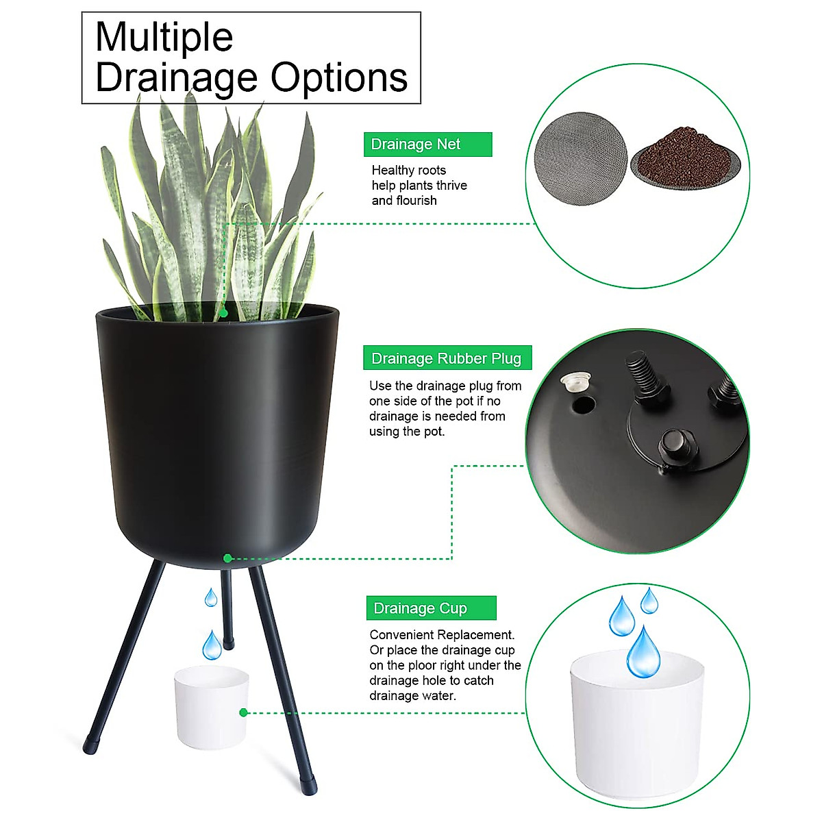 magarz Mid-Century Metal Flowerpot with Stands, Black Stylish Modern Floor-Standing Flowerpot,Suitable for Orchid, Aloe Indoor Outdoor Decoration 8.5'' Wide 18'' high