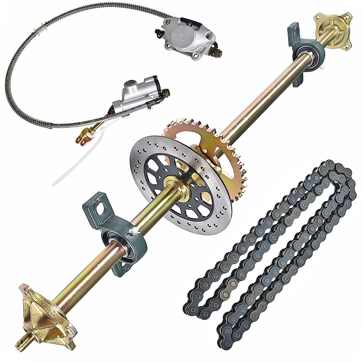 GXYWADY 44in/1120mm Go Kart Rear Axle Shaft Kit with Chain Sprocket Brake Disc Pillow Block Wheel Hub Chain Brake Master Cylinder Caliper Replacement for DIY Rebuild Go Kart ATV Quad Trikes Golf Carts