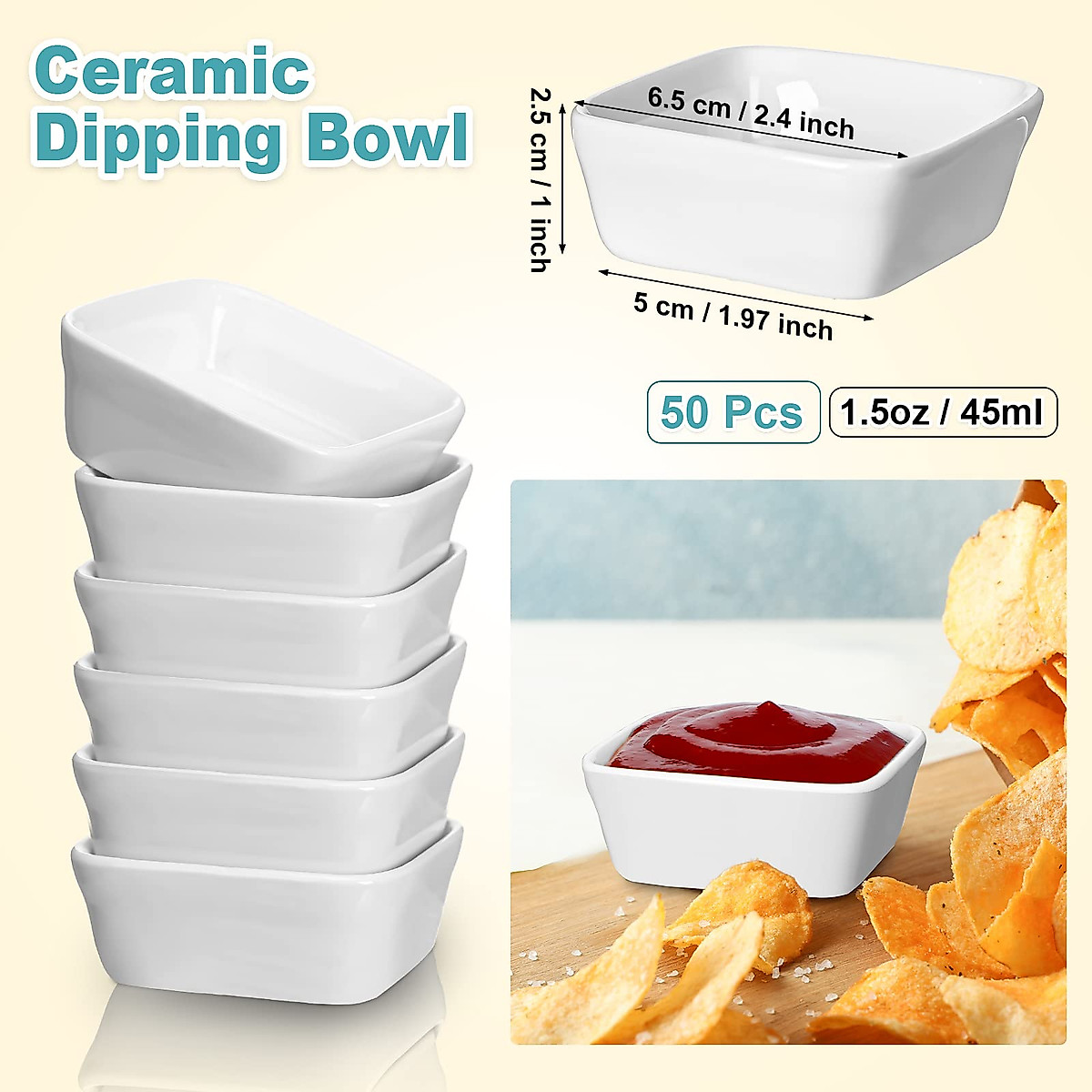 50 Pieces Ceramic Dipping Bowl Set, 1.5 oz White Soy Sauce Dish for Sauces Condiments Sushi Vinegar BBQ Party Dinner Serving Bowls Set, Oven Safe