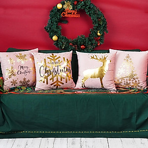 ONWAY Pink Gold Christmas Decorations Throw Pillow Covers 18x18 Set of 4 Snowflakes Reindeer Decorative Cushion Cases Xmas Golden Decor for Couch Sofa Bedroom