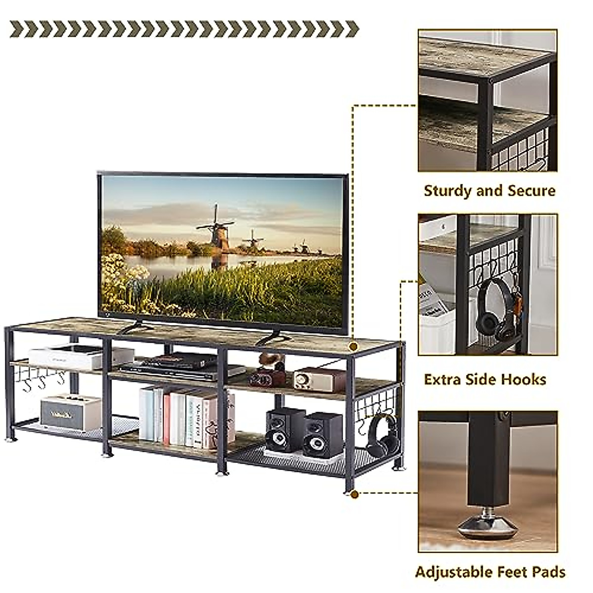 VECELO TV Stand for Televisions up to 70 Inch, Industrial Entertainment Center with 3-Tier Open Storage Shelves& Hooks for Living, Bedroom and Gaming Room, 63 Inch, Grey