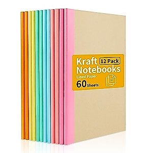 SUNEE 12 Pack Kraft Notebook Journals, Composition Notebooks Bulk, 5.75"x 8.25", 60 Sheet per book with Rainbow Spine, A5 Lined Page, 6 Color, Pastel Notebooks for School, Home&Office,Writing Journal