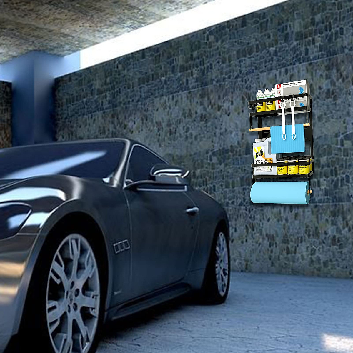 Paper Towel Holder with Shelf, 2-in-1 Magnetic Shelf, Heavy Duty Rustic Paper Towel Holder with 5 Removable Hooks, Tissue Holder for Tool Shed, Garage, Workbench, Kitchen, Craft Room, or Laundry Room