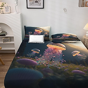 Jellyfish Sheets Full Size, Sea Life Bed Sheets, Patterned Bedding Sheets & Pillowcases 4 Piece Set - Soft Microfiber Deep Pocket Fitted Sheet & Flat Sheet & 2 Pillow Cases Z1-&-220