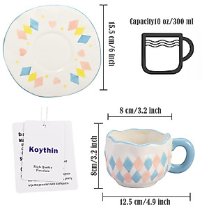 Koythin Ceramic Coffee Mug with Saucer Set, Cute Creative Rhombus Lattice Cup Unique Irregular Design for Office and Home, 10 oz/300 ml for Latte Tea Milk (Diamond Check)