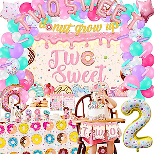LXlucktim Two Sweet Birthday Party Supplies for 2 Year Old Girl, 150 Pcs Donut Party Decorations for Girls Baby - Backdrop, Cake, Cupcake Toppers, Tablecloth, Highchair Nanner, Crown and Poster