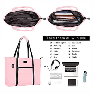 MOSISO USB Port Laptop Tote Bag for Women,Compatible with MacBook, 17-17.3 inch Notebook and Chromebook, Work Travel Business Computer Bag with Small Purse, Pink