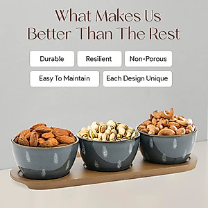 American Atelier 3 Stoneware Snack Bowls with Bamboo Serving Tray | 4-Piece Snack Serving Set | Small Serving Bowl for Candy, Nuts, Salsa, and Appetizers | Chips and Dips Snack Tray for Party