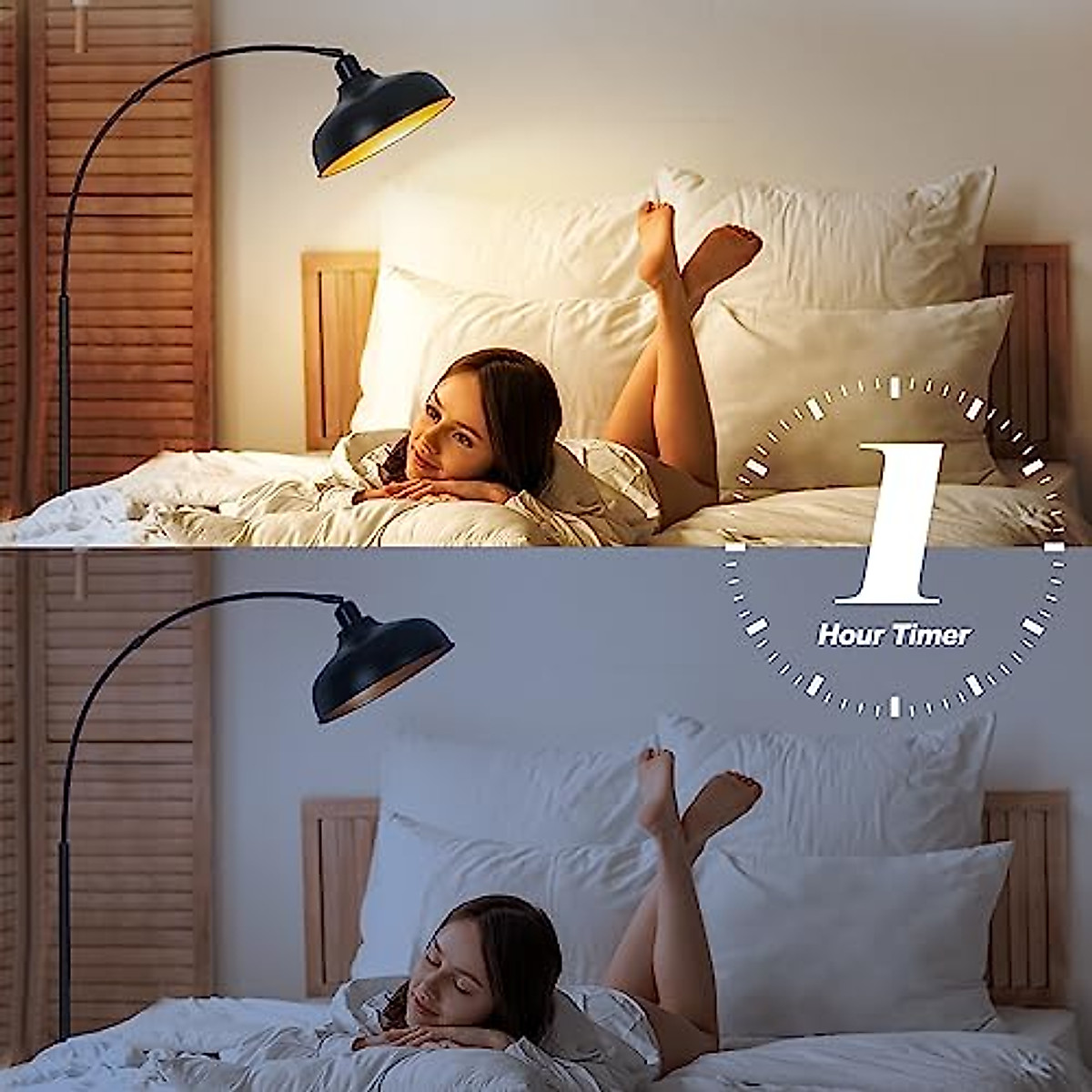 Arch Floor Lamps with Remote - Dimmable Floor Lamp 70”, Black Tall Lamp with 360° Adjustable Hanging Metal Shade, Arc Lamps Floor Standing with 9W Bulb, Over Couch Lamps for Living Room, Foot Switch