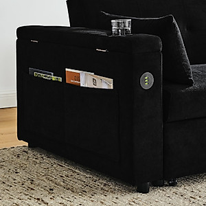 Linique 54'' Convertible Pull-Out Sleeper Sofa Bed with USB Power Outlet, Chenille Upholstered Sleeper Sofabed with Adjustable Backrest/Side Pockets/Cup Holders/Lumbar Pillows (Black)