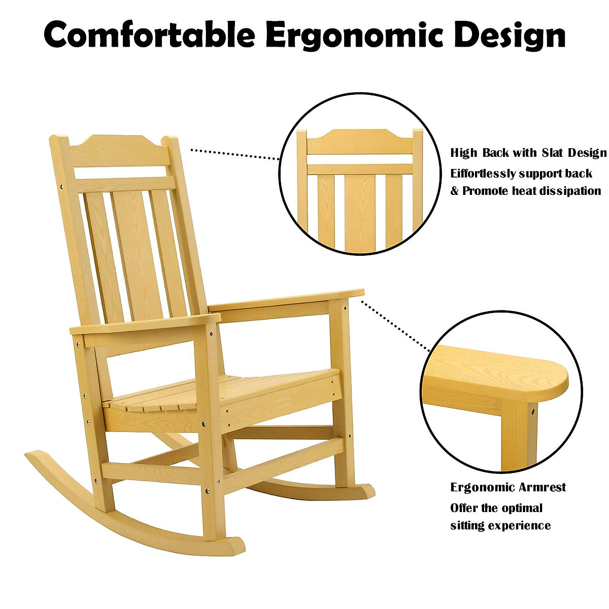 hOmeHua Patio Rocking Chair, All Weather Resistant Outdoor Indoor Fade-Resistant Patio Rocker Chair，Stable Durable Smooth Rocking, Comfortable Easy to Maintain, Load Bearing 350 lbs - Yellow