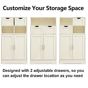 Iwell Tall Storage Cabinet, Bathroom Cabinet with 2 Drawers & 2 Adjustable Shelves, Bathroom Floor Cabinet for Living Room, Home Office, Soft White