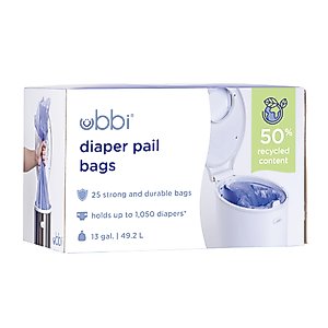 Ubbi Diaper Pail Plastic Bags, Disposable Baby Waste Bags, Single Pack, 25 Count, 13-Gallon Bags