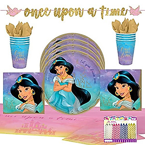 Disney Princess Jasmine Birthday Party Supplies Pack Serves 16 Guests | Decorations | Aladdin | Jasmine Party Supplies Plates Napkins Cups Table Cover and Banner with Birthday Candles | Princess Jasmine Party Supplies for 16 Guests