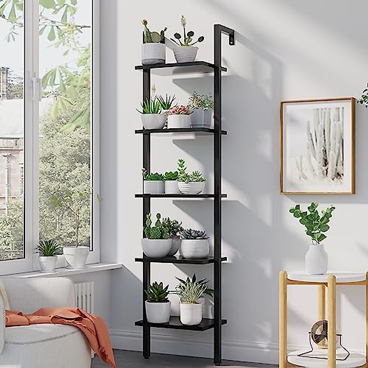 YMYNY 5 Tiers Narrow Ladder Bookcase, Industrial Wall Mounted Bookshelf, Open Display Rack with Metal Frame, Wooden Storage Shelves for Bedroom, Home Office, Living Room, Black, 70*17.3*11.8"UHBC015B