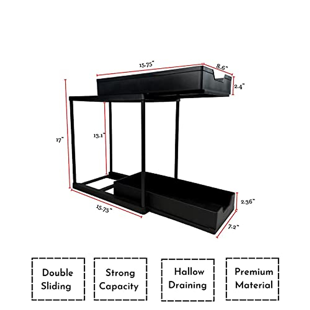 Under Sink Organizer and Storage (Top & Bottom Slide) | Bottom Fits Tall Items |2 Pack Kitchen Bathroom Sink Organizer Basket Storage with Dual Sliding Drawers - For Larger Sinks, Black