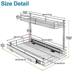 2 Tier Pull Out Cabinet Organizer, 20.7" D x 12.7" W x 13.9" H, Heavy Duty, Under Sink Slide Out Storage, Sliding Wire Drawer Base Cabinet for Kitchen Bathroom Pantry, Chrome